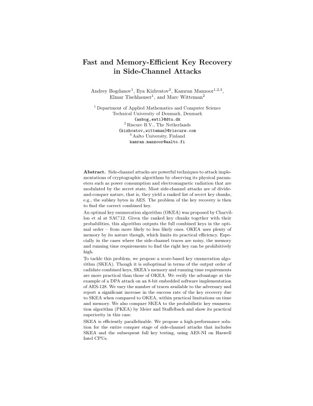 Fast and Memory-Efficient Key Recovery in Side Channel Attacks PDF ...