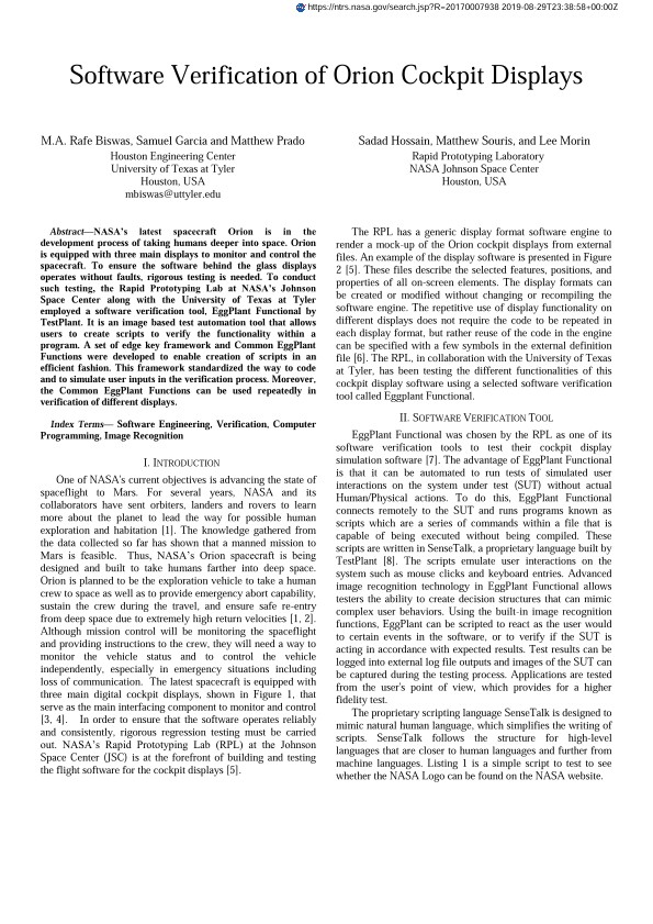 Software Verification of Orion Cockpit Displays PDF Asset Page | Keysight