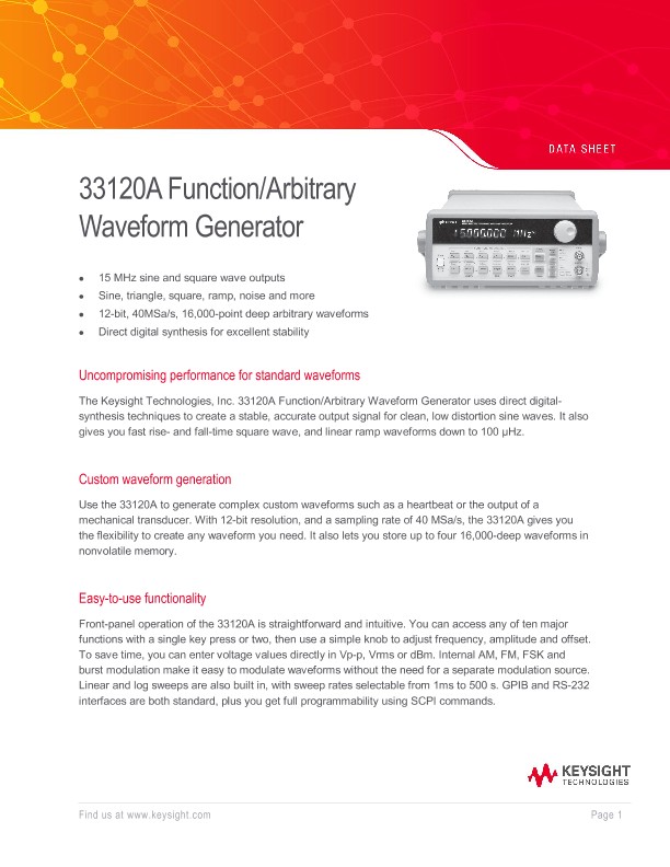 33120A Function/Arbitrary Waveform Generator PDF Asset Page | Keysight