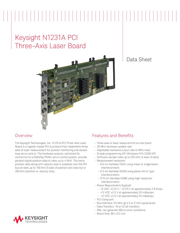 N1231A PCI Three-Axis Laser Board PDF Asset Page | Keysight