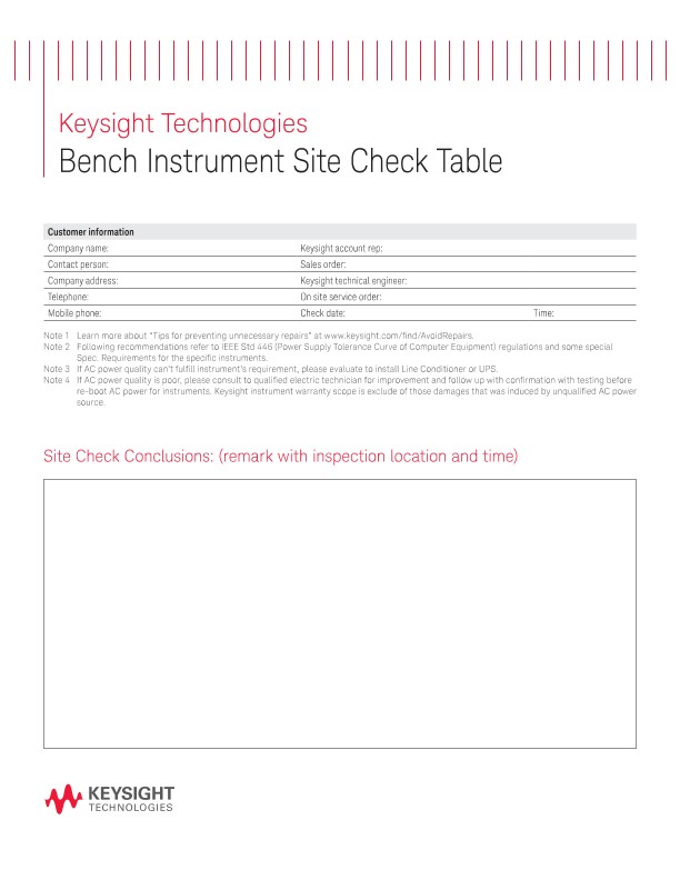 Bench Instrument Site Check Table PDF Asset Page | Keysight