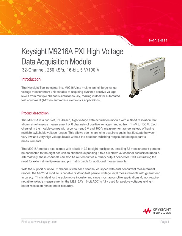 M9216A PXI High Voltage Data Acquisition Module PDF Asset Page | Keysight