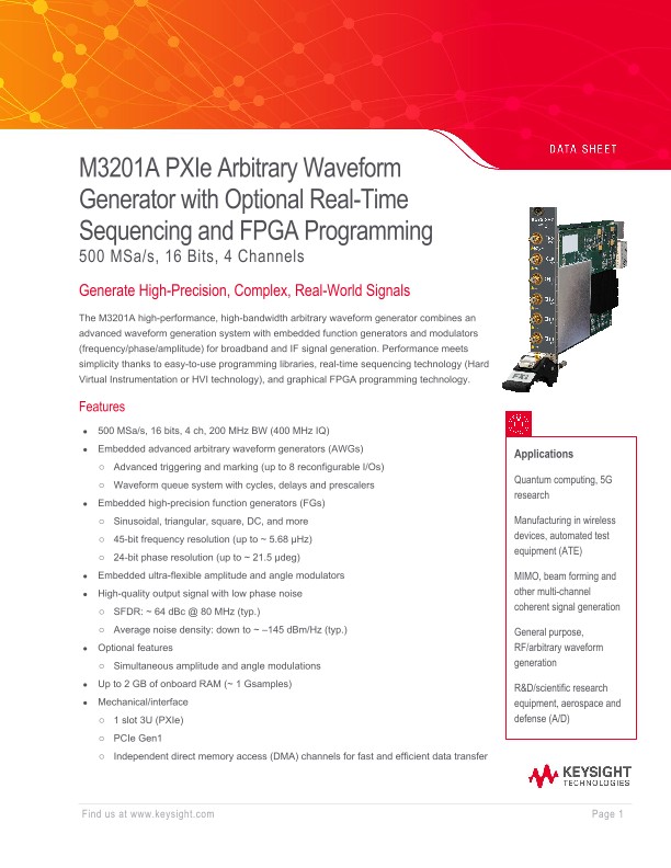 M3201A PXIe Arbitrary Waveform Generator with Optional Real-Time ...