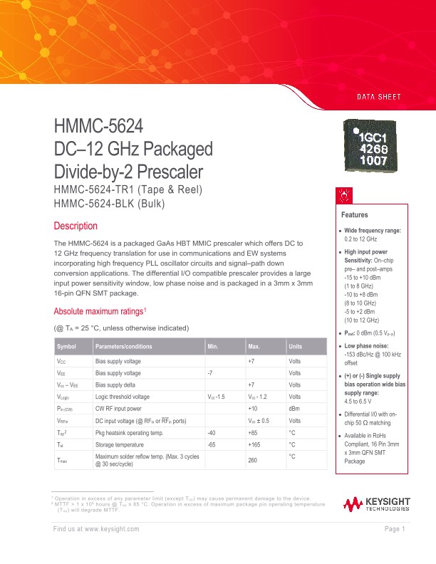 HMMC-5624 DC–12 GHz Packaged Divide-by-2 Prescaler PDF Asset Page ...