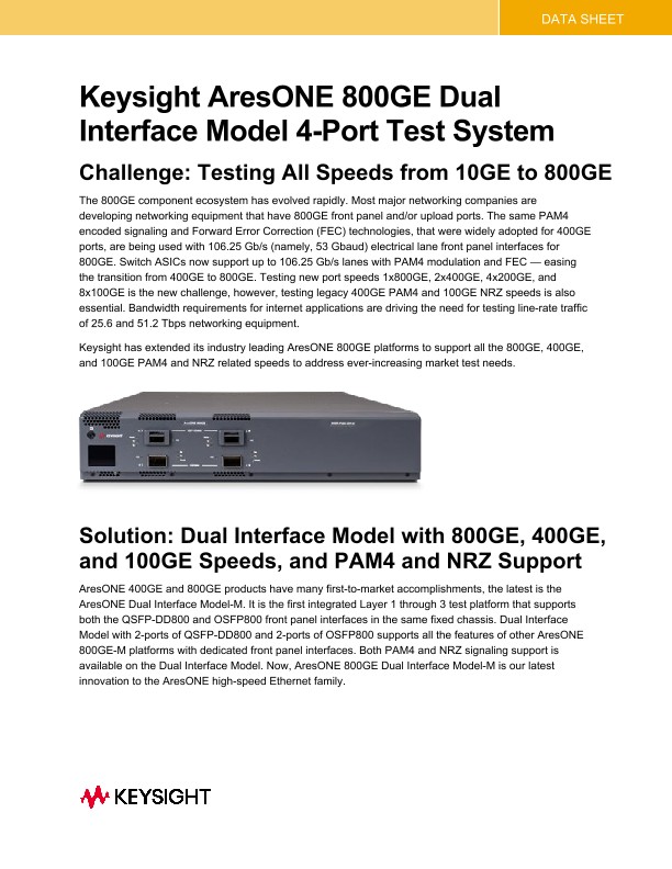 Keysight AresONE 800GE Dual Interface Model 4-Port Test System PDF ...