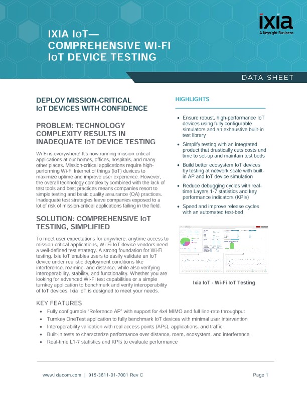 Ixia IoT — Comprehensive Wi-Fi IoT Device Testing PDF Asset Page | Keysight