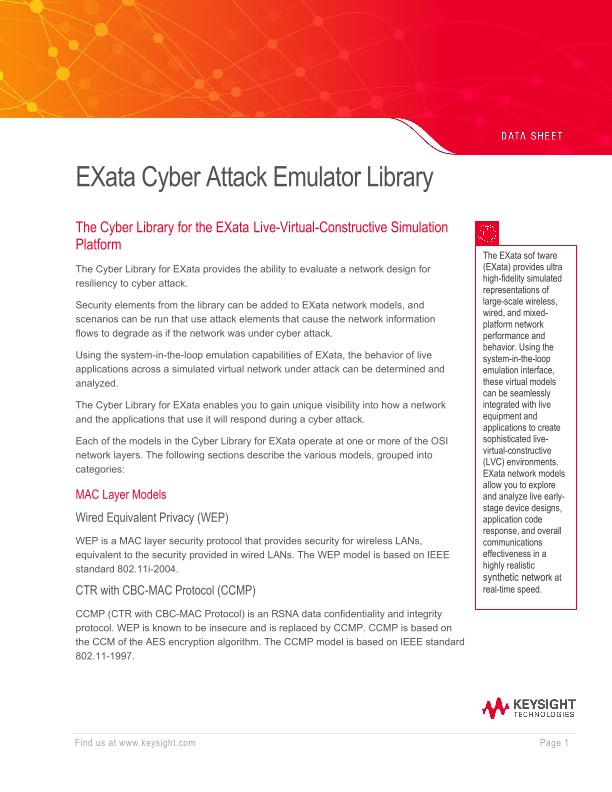 EXata Cyber Attack Emulator Library PDF Asset Page | Keysight