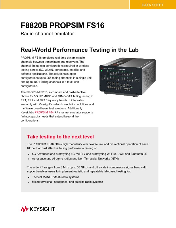 F8820B PROPSIM FS16 Radio Channel Emulator PDF Asset Page | Keysight