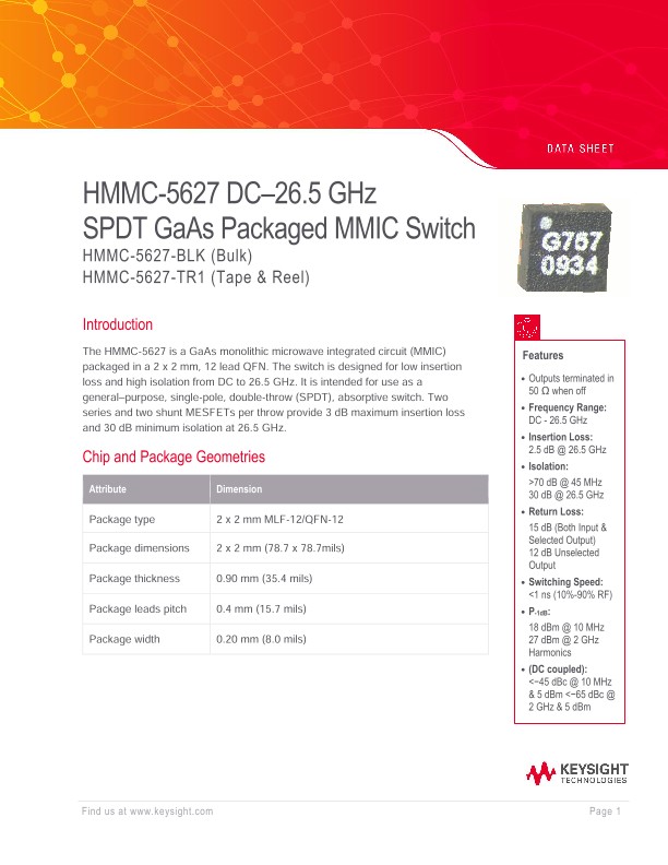 HMMC-5627 DC-26.5 GHz SPDT GaAs Packaged MMIC Switch PDF Asset Page ...