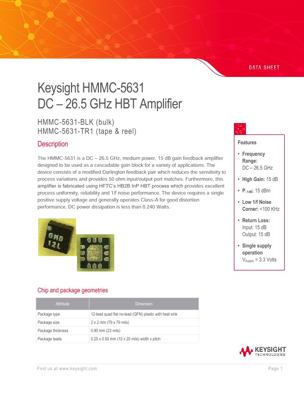 HMMC-5631 DC – 26.5 GHz HBT Amplifier PDF Asset Page | Keysight