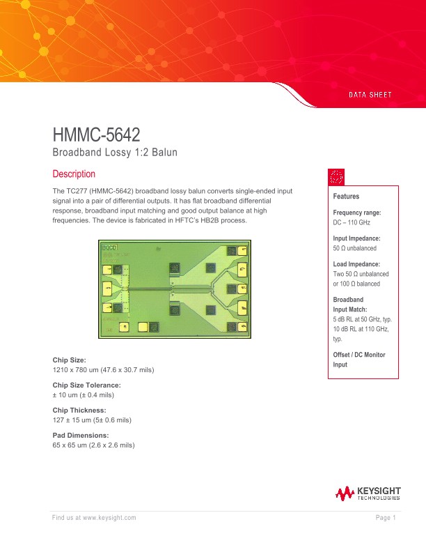 HMMC-5626 – Broadband Lossy 1:2 Balun PDF Asset Page | Keysight