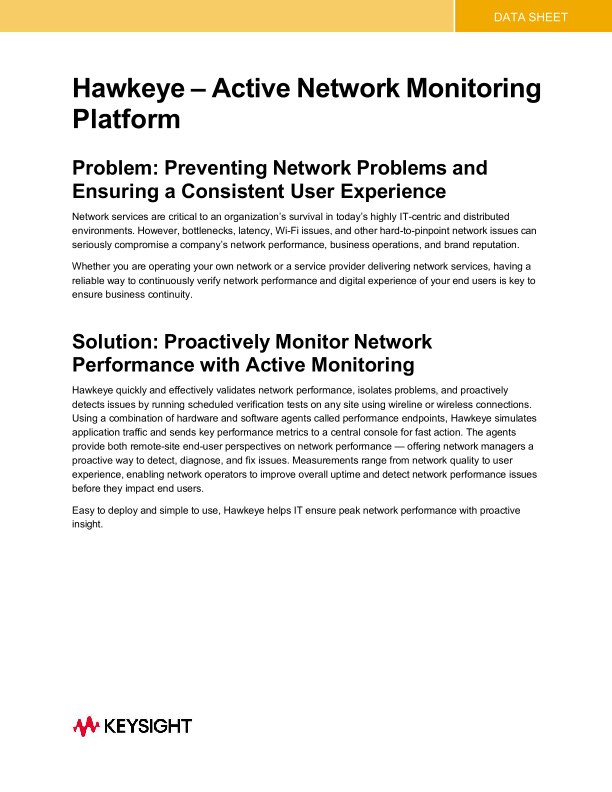 Hawkeye – Active Network Monitoring Platform PDF Asset Page | Keysight