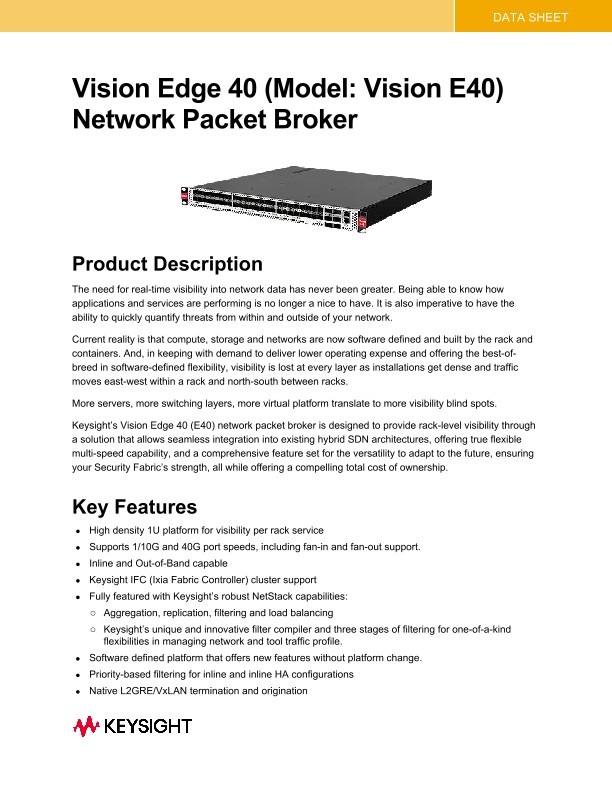 Vision Edge 40 (E40) Network Packet Broker PDF Asset Page | Keysight