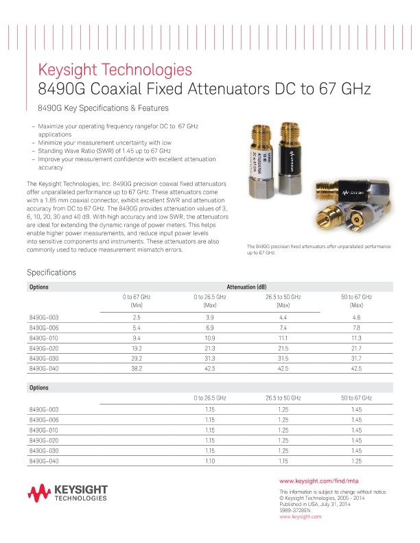 8490G Coaxial Fixed Attenuators DC to 67 GHz PDF Asset Page | Keysight