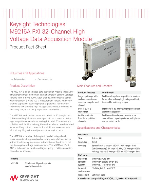 M9216A PXI 32-Channel High Voltage Data Acquisition Module PDF Asset ...