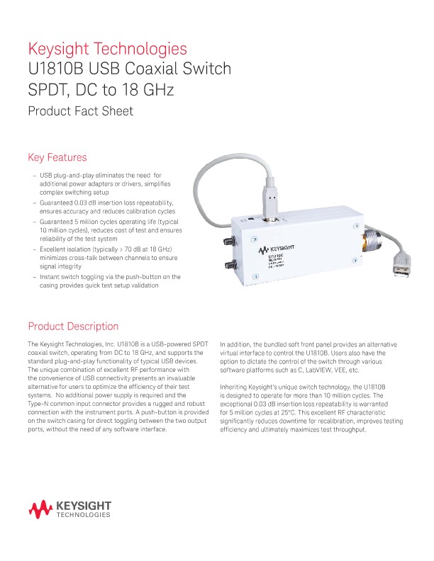 U1810B USB Coaxial Switch SPDT, DC to 18 GHz PDF Asset Page | Keysight