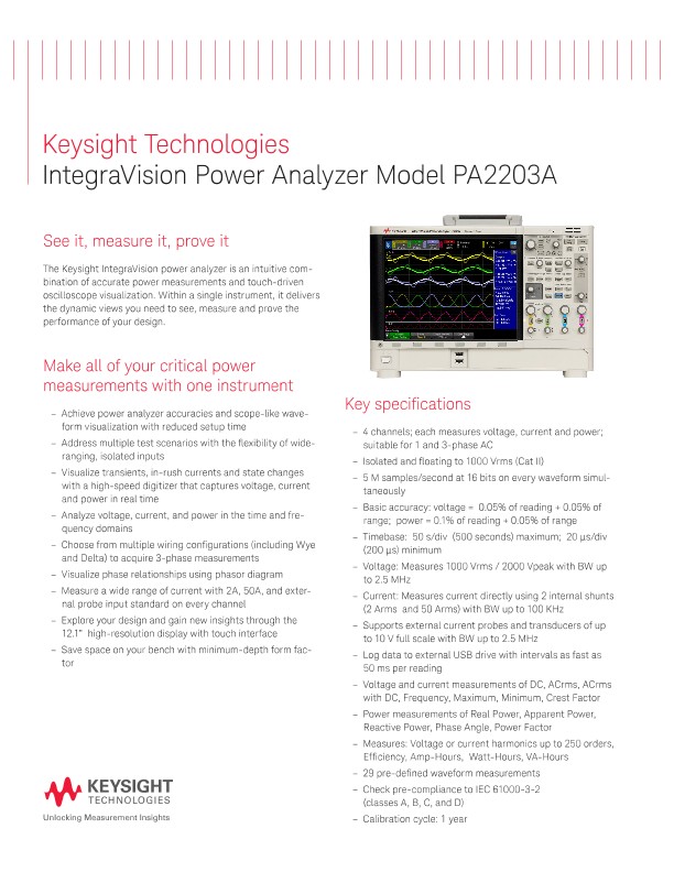 Keysight IntegraVision Power Analyzer PA2203A PDF Asset Page | Keysight