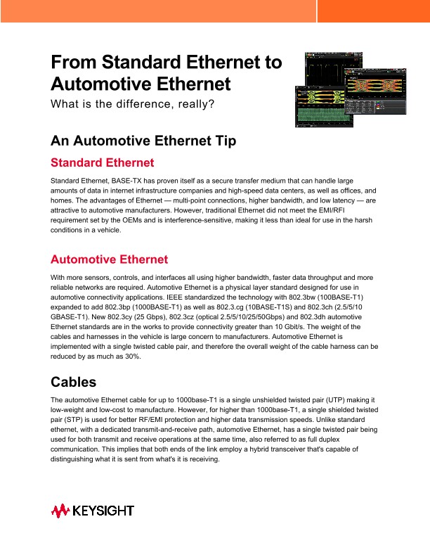 From Standard Ethernet to Automotive Ethernet PDF Asset Page | Keysight