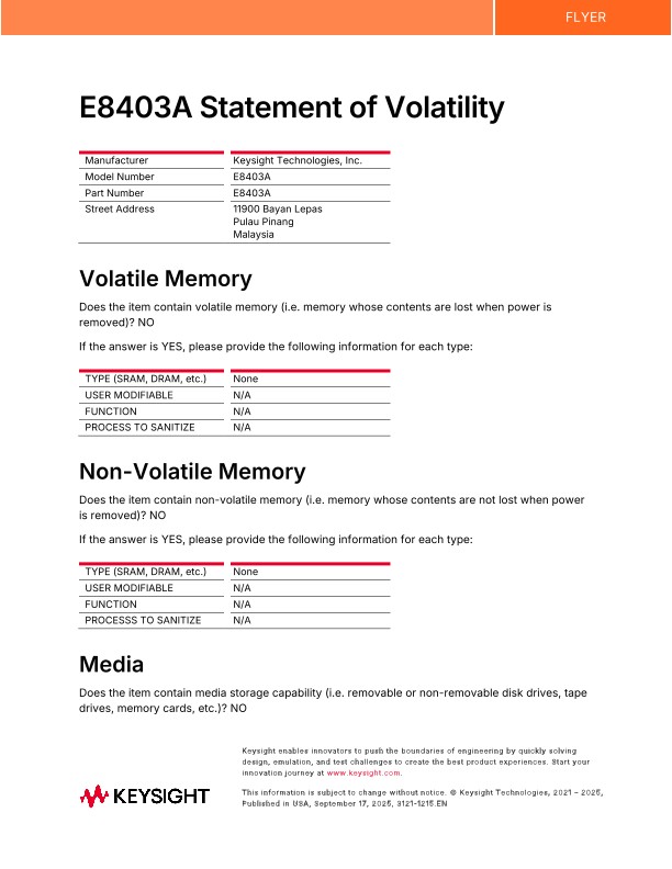 E8403A Statement of Volatility PDF Asset Page | Keysight