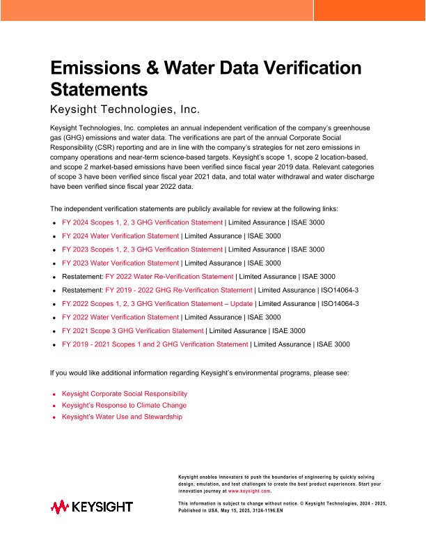 Emissions & Water Data Verification Statements PDF Asset Page | Keysight