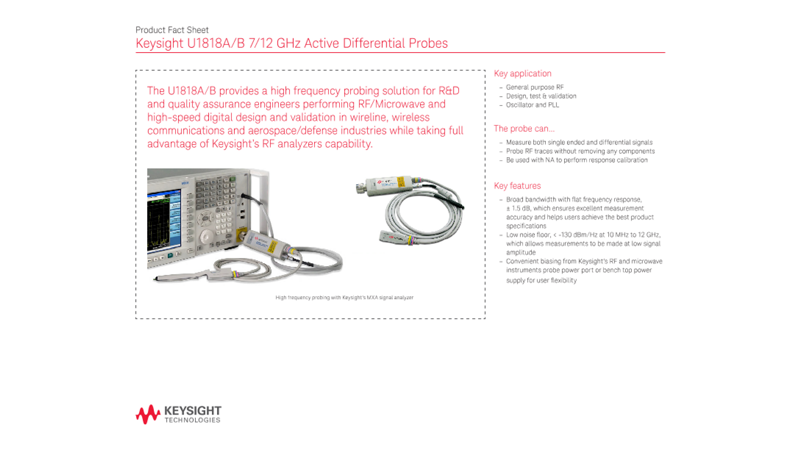 U1818B Active Differential Probe, 100 kHz To 12 GHz | Keysight