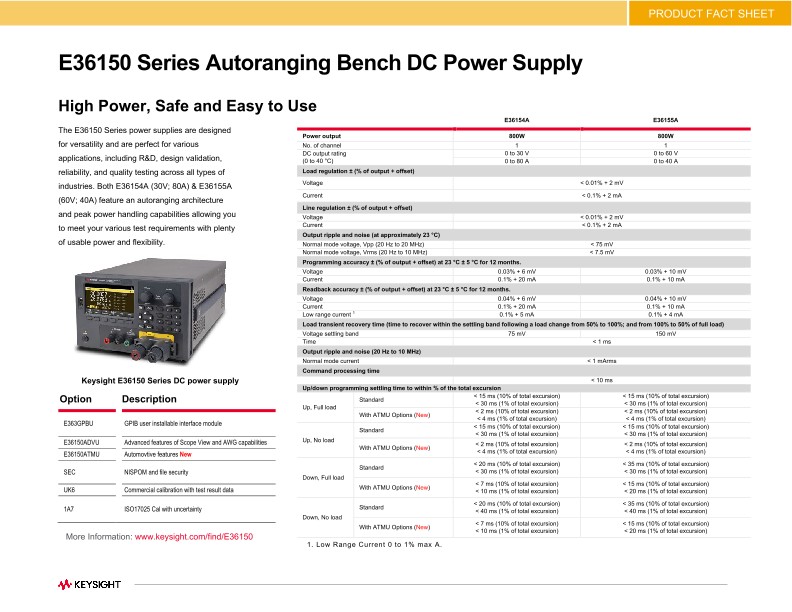 E36150 Series Autoranging Bench DC Power Supply PDF Asset Page | Keysight