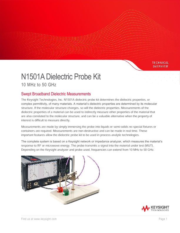 N1501A Dielectric Probe Kit 10 MHz to 50 GHz PDF Asset Page | Keysight