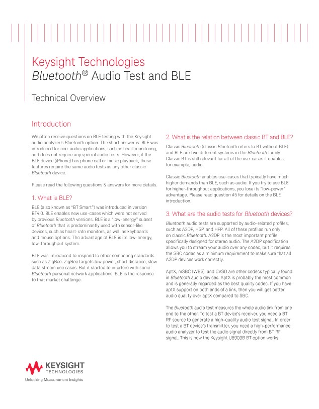 Bluetooth® Audio Test and BLE PDF Asset Page | Keysight